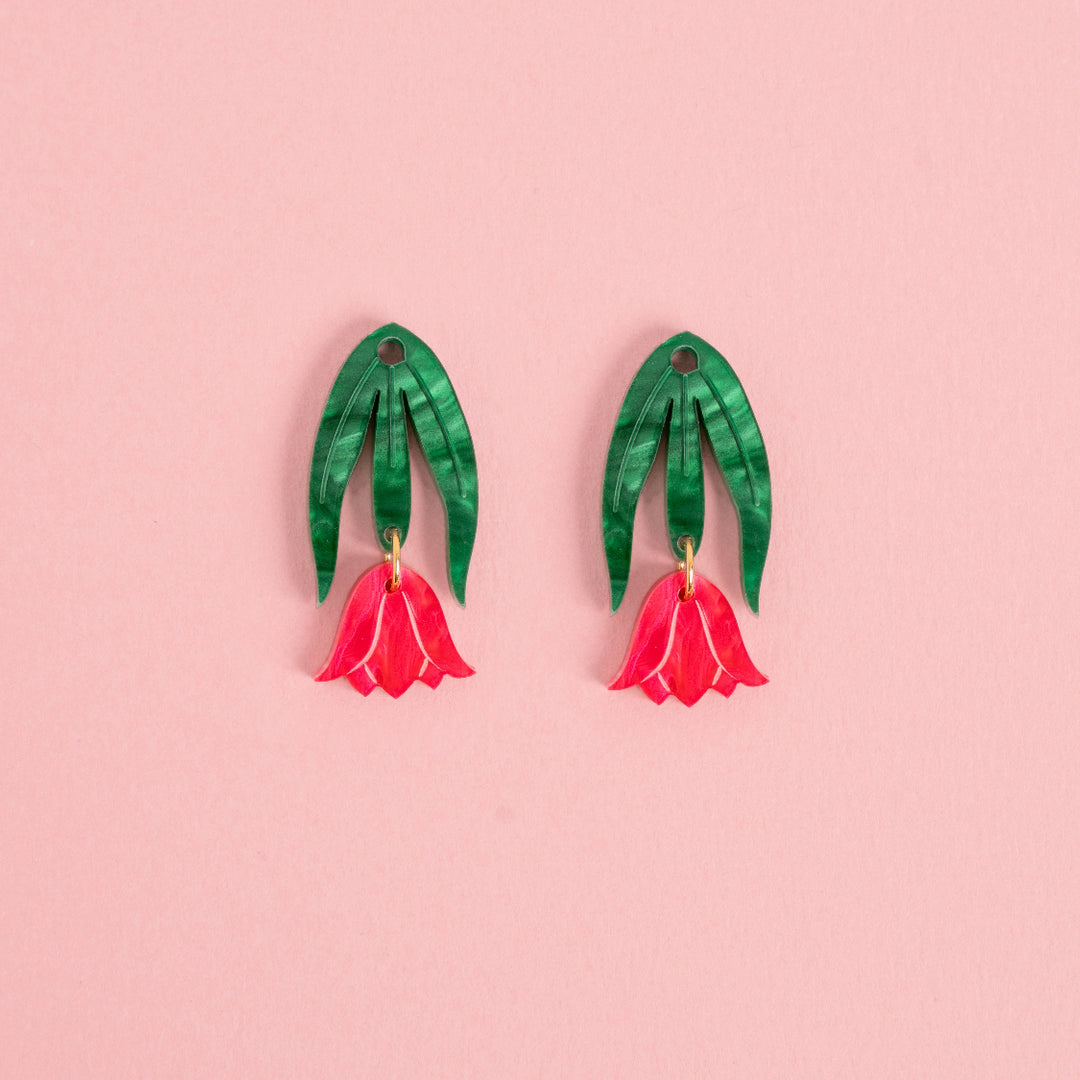 Rote Tulpen Ohrringe mit Edelstahl Hoops